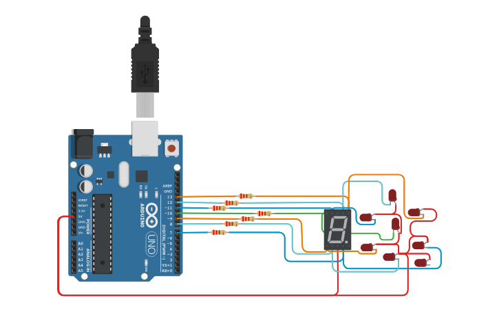 Circuit design Display 7 segmentos Ánodo común - Tinkercad