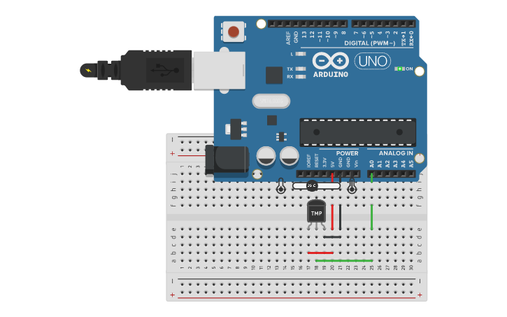 Circuit design LM35DZ - ADC [ARDUINO] | Referencia analógica INTERNA | Tinkercad
