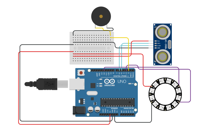 Circuit Design Social Distancing Indicator With Alarming System Tinkercad