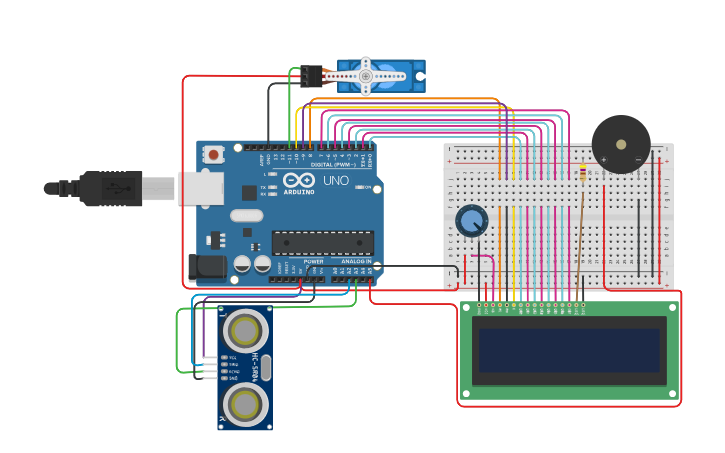 Circuit design ultrasonic sensor parking car helper - Tinkercad