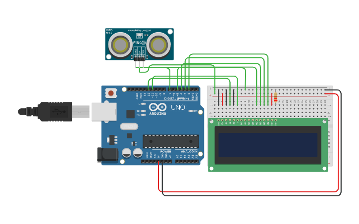 Circuit design LCD dan Ultrasonic Pada Arduino | Tinkercad
