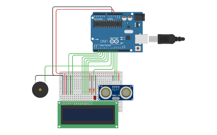 Circuit Design УЗ датчик дисплей динамик и светодиод Tinkercad