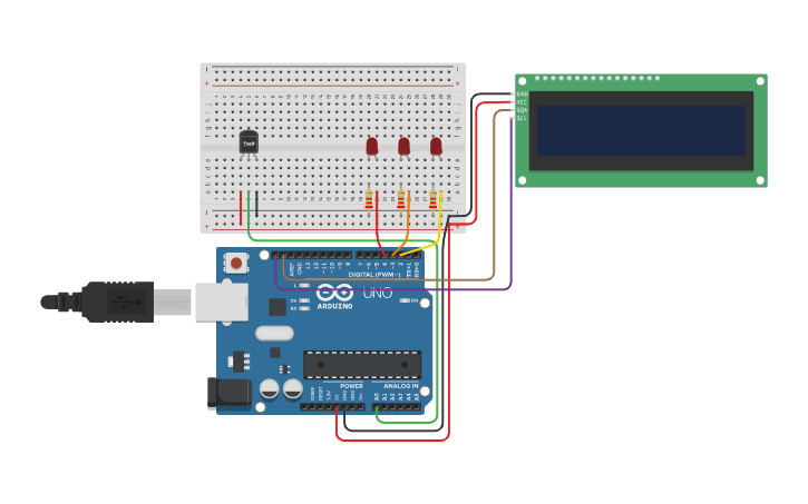 Circuit design TMP 36 + LCD (I2C) - Tinkercad