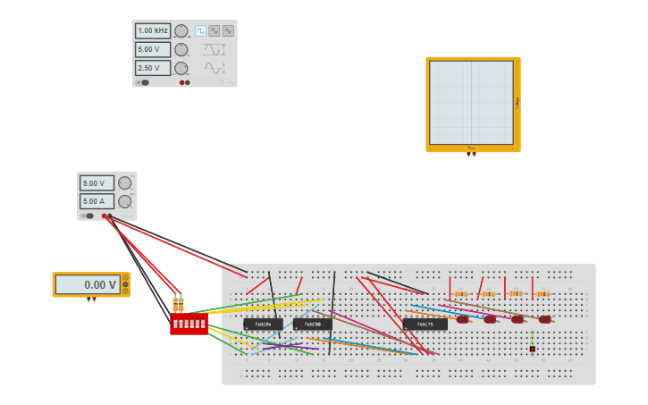 Circuit design 2-4 bit Decoder with LED latch | Tinkercad