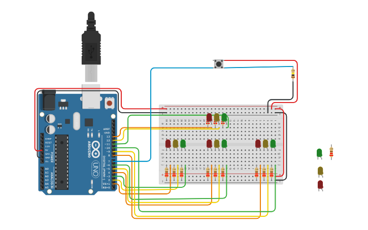 Circuit design 4 Semaforos con arduino - Tinkercad
