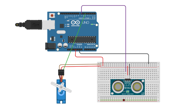 Circuit design Ultrasonic Servo Control - Tinkercad