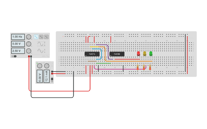 Circuit design DE Lab Traffic lights (D Flip Flop) | Tinkercad