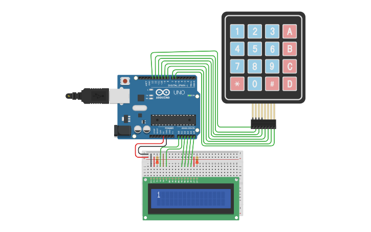 Circuit design Teclado e display de LCD - Tinkercad