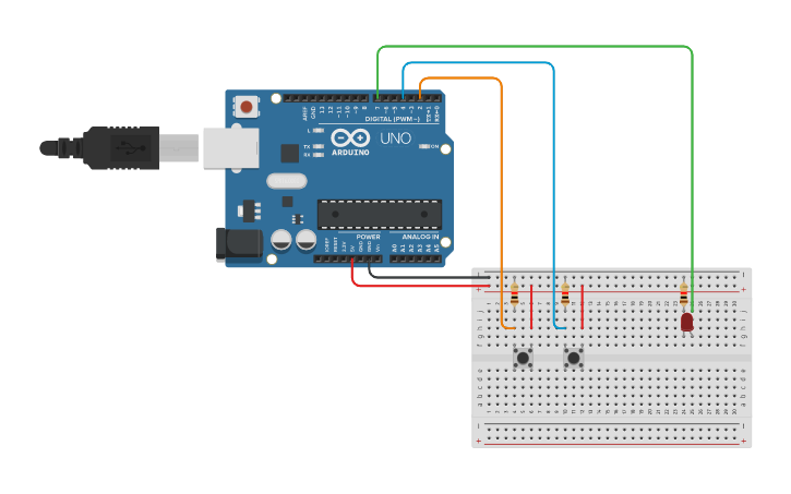 Circuit design encender Led con un pulsador y apagar con otro - Tinkercad