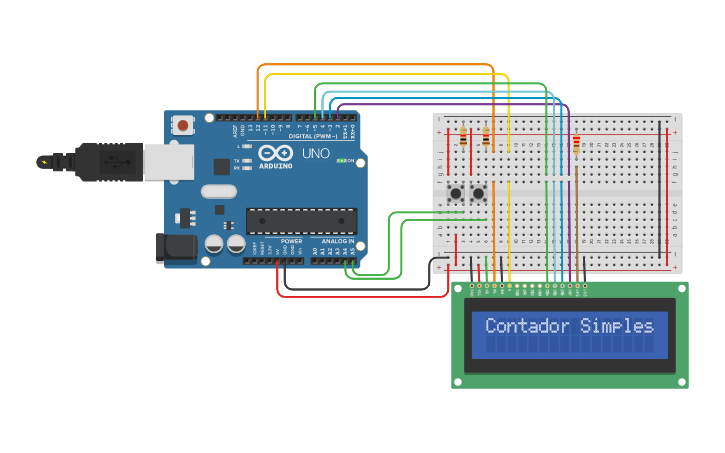 Circuit design Aula 008 - Arduino - Contador Simples UP e DOWN - Tinkercad