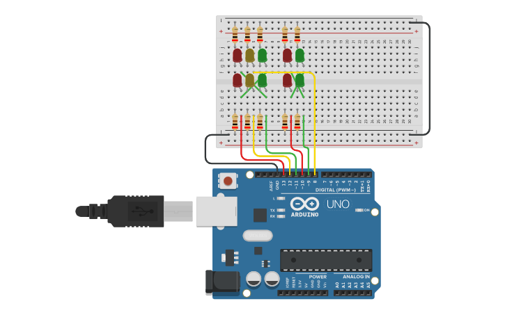 Circuit design Semáforo duplo | Tinkercad