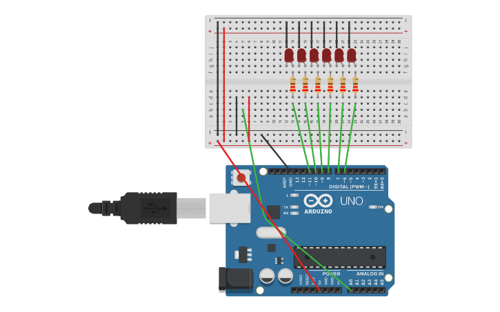 Circuit design Switch Case Example - 5 LEDs - Tinkercad