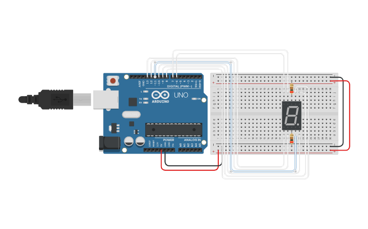 Circuit design Display 7 segmentos 0-9 - Tinkercad