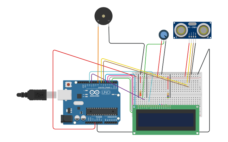 Circuit design SENSOR DE DISTANCIAS CON ALARMA Y LCD - Tinkercad