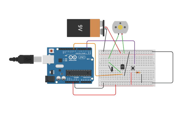 Circuit design DC Motor & Button | Tinkercad