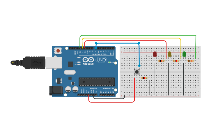 Circuit design Blink 3 LED + Push Button - Tinkercad