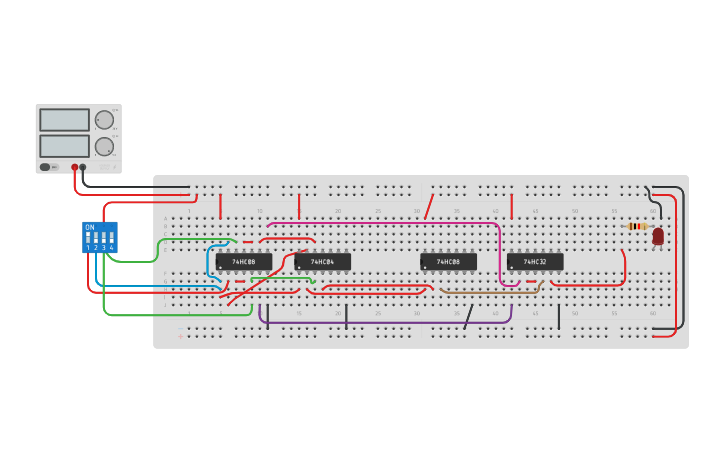 Circuit design f=ABC+A'BC+B'C' - Tinkercad