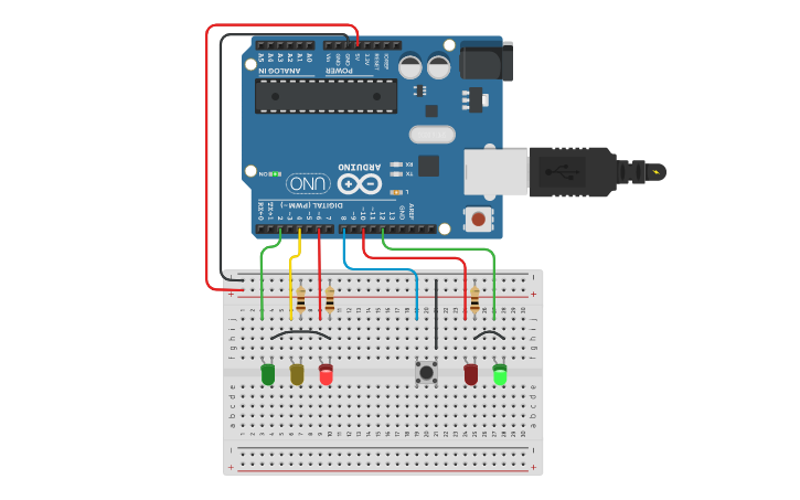 Circuit design Semáforo com botão - Tinkercad