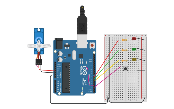 Circuit design LED and SERVO - Tinkercad