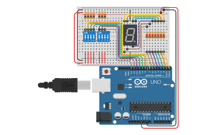 Circuit design Display 7 seg con dipswitch - Tinkercad
