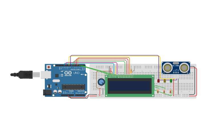 Circuit design DISPLAY LCD 16X2 Y SENSOR ULTRASÓNICO HC SR-04 | Tinkercad