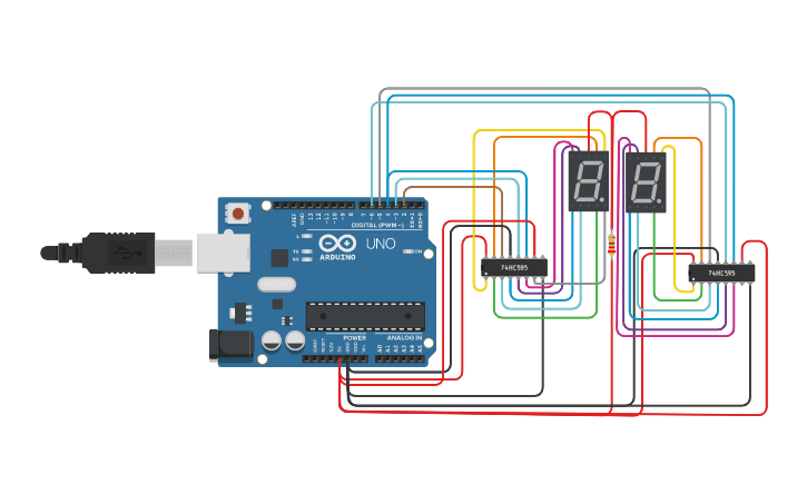 Circuit design Two 7 Segment 74HC595 - Common Anode - Tinkercad