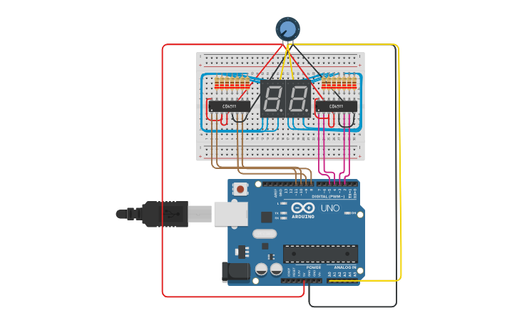 Circuit design Basic 7 Segment Displays with a potentiometer. - Tinkercad