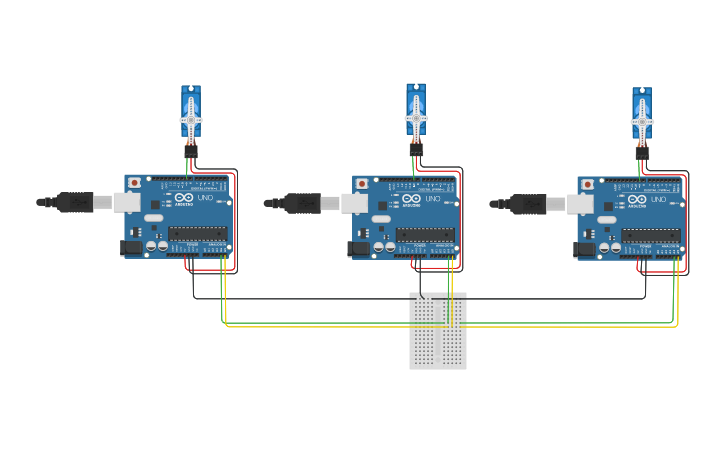 Circuit design 7.9.I2C ile 3x servo motor kontrol | Tinkercad