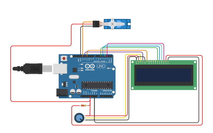 Circuit design Kontrol Motor Servo LCD16X2 dengan Arduino - Tinkercad Circuit design Kontrol Motor Servo LCD16X2 dengan Arduino - Tinkercad