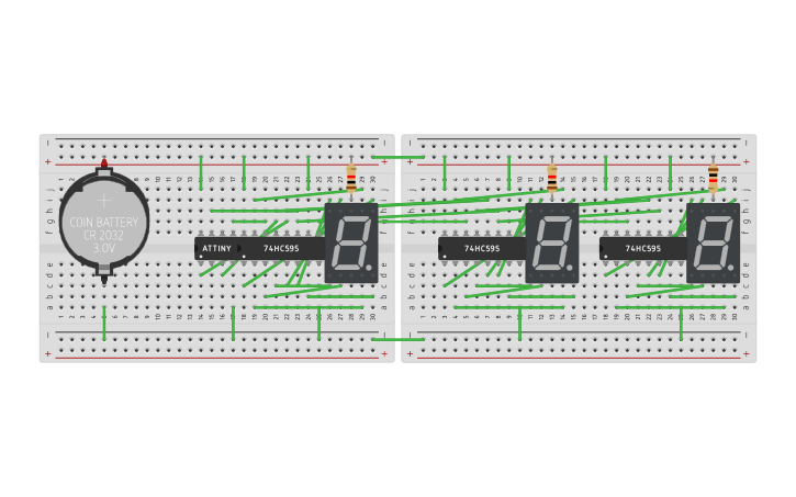 Circuit design TIMER Attiny 3x 74HC595 3x 7-Segment | Tinkercad