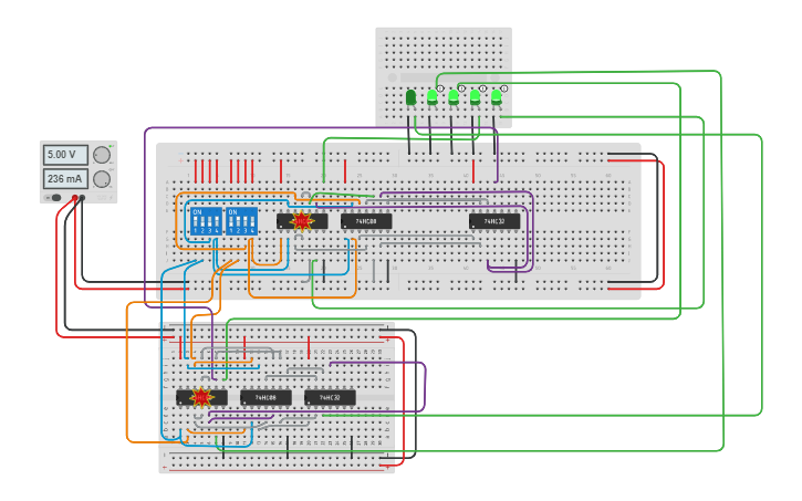 Circuit design 4 bit adder - Tinkercad
