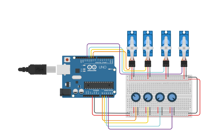 Circuit design Clase 4 brazo con servos | Tinkercad