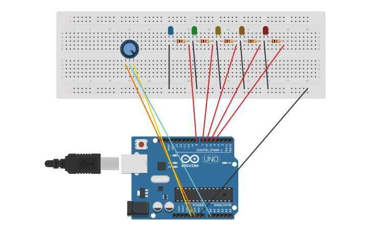 Circuit design 1 potenciómetro y 5 leds - Tinkercad