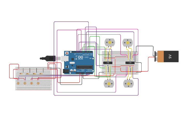 Circuit design 4 DC Motors with 2 H-bridges - Tinkercad