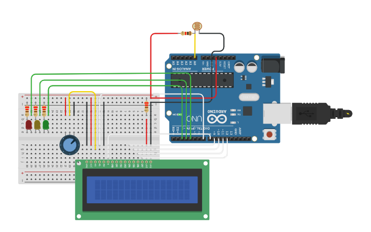 Circuit design 조도계 /LED*3/LCD/시리얼 - Tinkercad