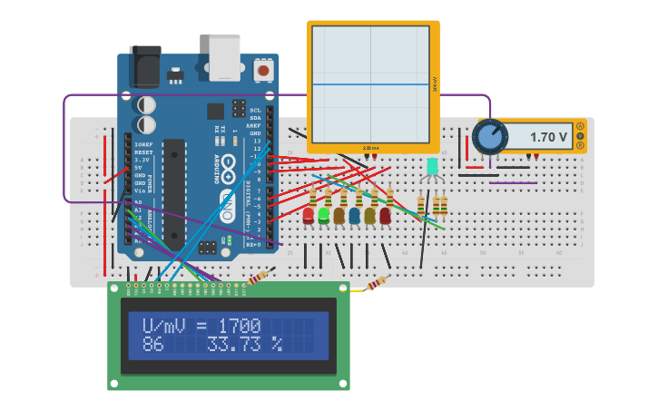 Circuit design PWM 01C: ADW(Poti) + 3 LEDs LCD+Erweiterung | Tinkercad
