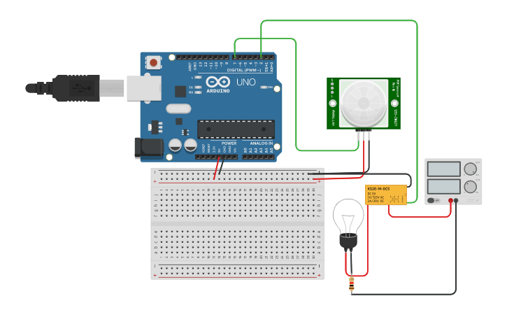 Circuit design rele-PIR - Tinkercad
