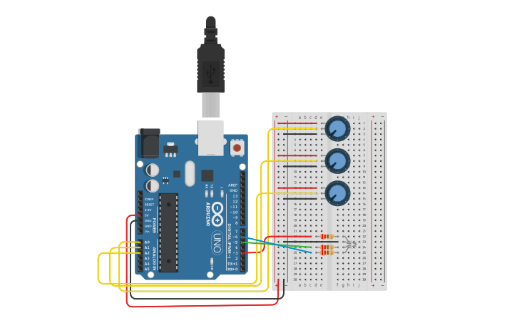 Circuit Design Rgb Led With Three Potentiometers Tinkercad