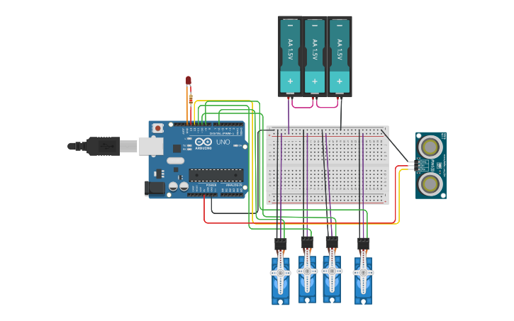 Circuit design Circuito 4 servos | Tinkercad