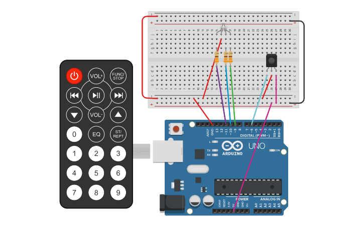 Circuit design RGB IR remote - Tinkercad