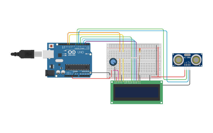 Circuit design LCD con sensor de distancia - Tinkercad