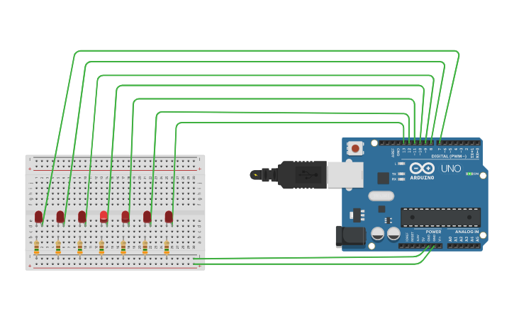Circuit design Secuencia de luces Led - Tinkercad Circuit design Secuencia de luces Led - Tinkercad