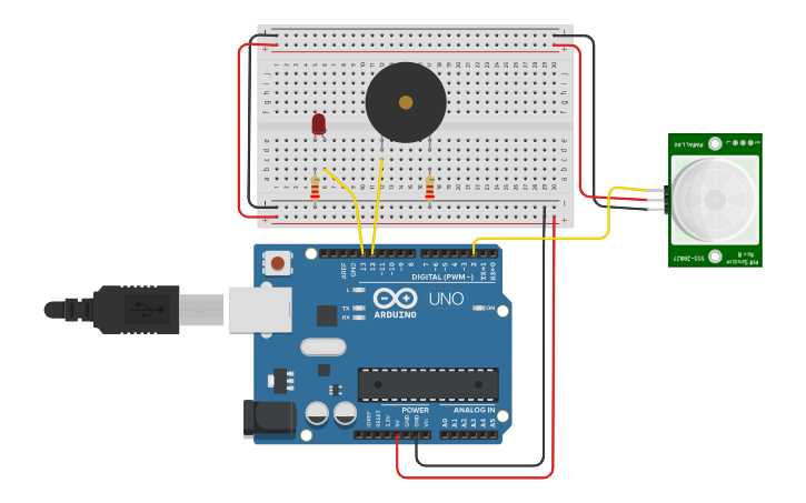 Circuit design PIR Security Sensor with Arduino (Blocks) | Tinkercad