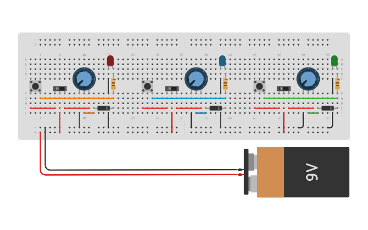 Circuit design Circuito con led, pulsante, interruttore e potenziometro | Tinkercad