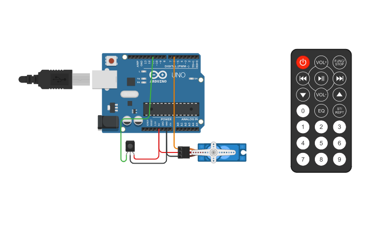 Circuit design IR remote controlled servo motor - Tinkercad