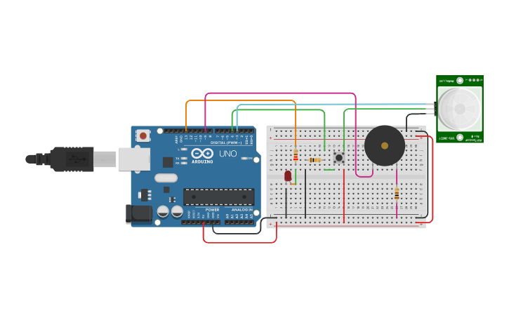 Circuit design Proyecto Sensor de movimiento con Alarma - Tinkercad