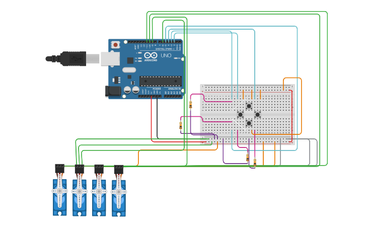 Circuit design 4 botões 4 servos - Tinkercad
