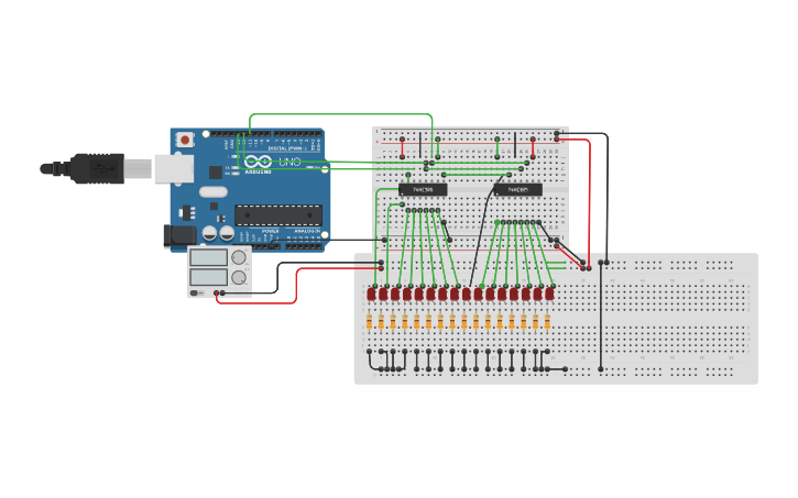 Circuit design 16bit shift register - Tinkercad