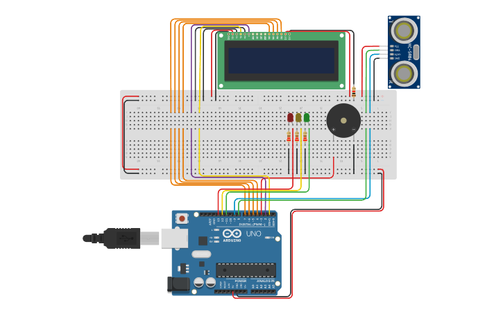 Circuit design Distance cm and inch warning sensor - Tinkercad