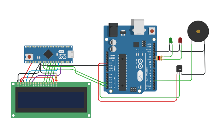 Circuit design Temperature sensing with alarms and I2C LCD - Tinkercad